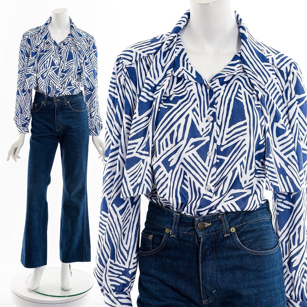 Blue and White Stamp Print Button up 70s - Etsy