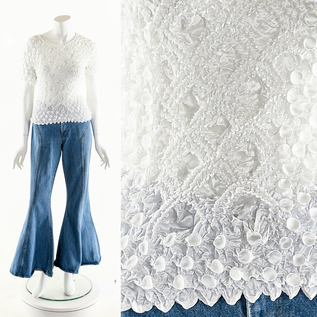 White Popcorn Blouse90s Vintage Blousemicropleat Scrunchie - Etsy