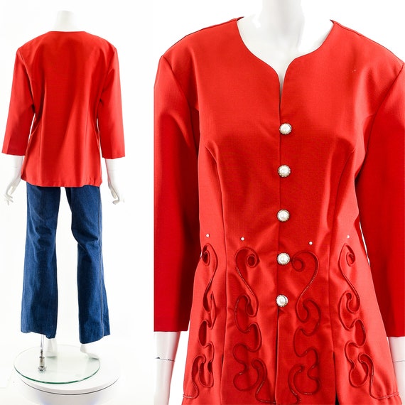 Red Soutache Blazer, Red Peplum Jacket, 90s Selena St… - Gem