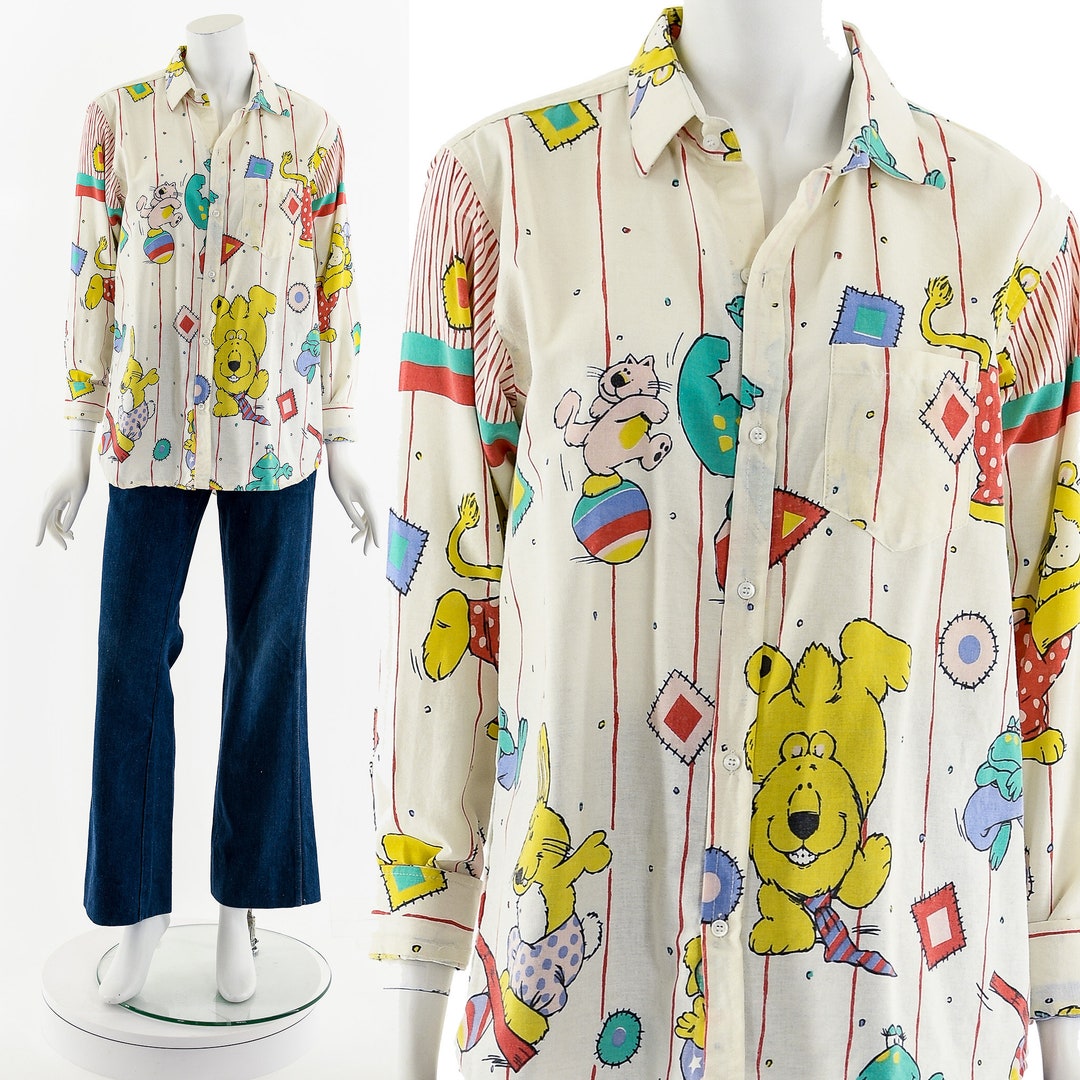 Cartoon Circus Animals Nostalgic Kidcore Long Sleeve Cotton Button Up ...