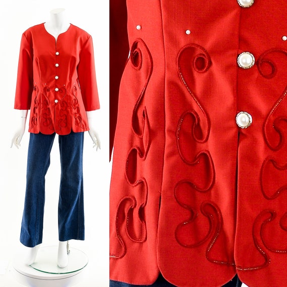 Red Soutache Blazer, Red Peplum Jacket, 90s Selena St… - Gem