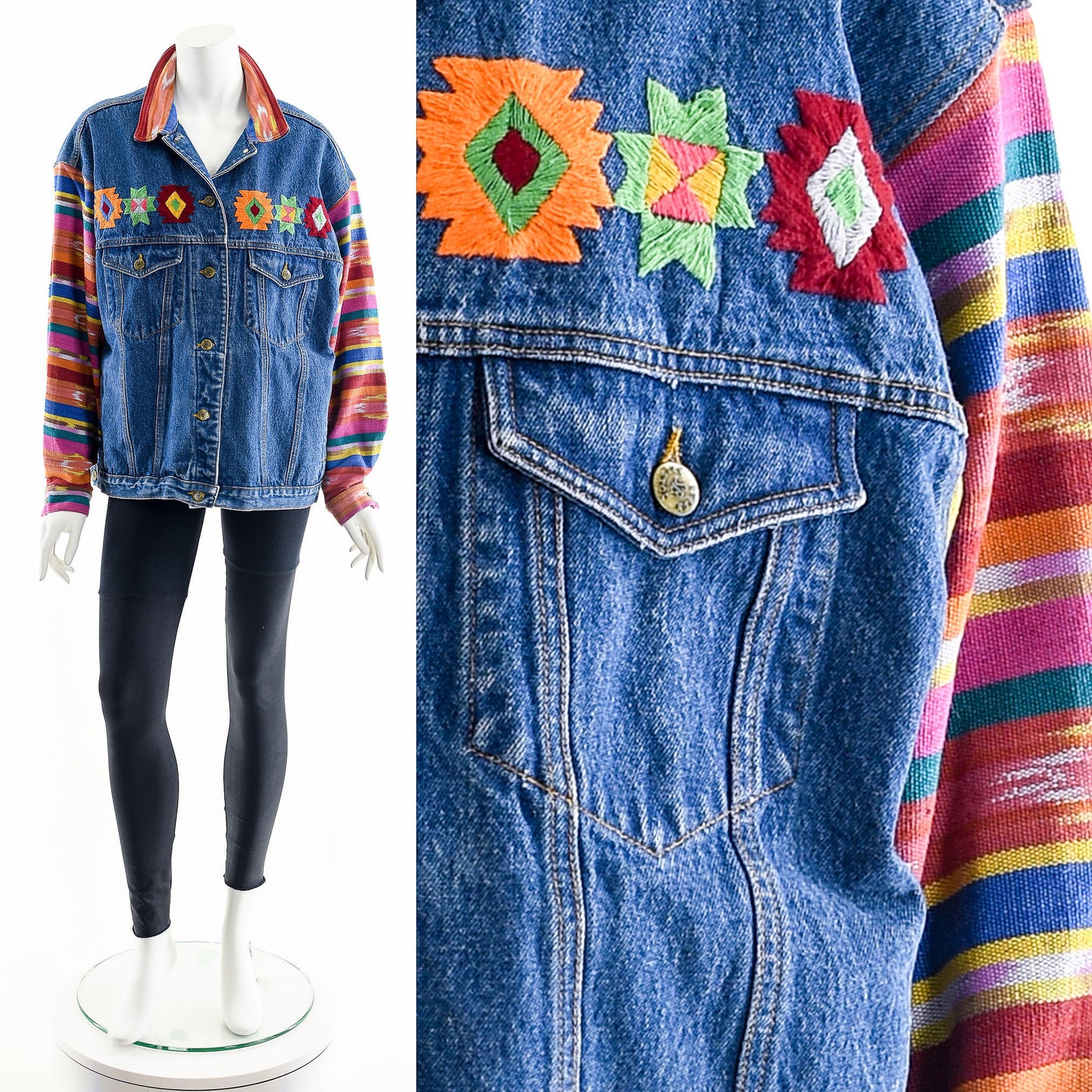 Serape Aztec Denim Coatvintage Mexican Jean Jacketethnic | Etsy