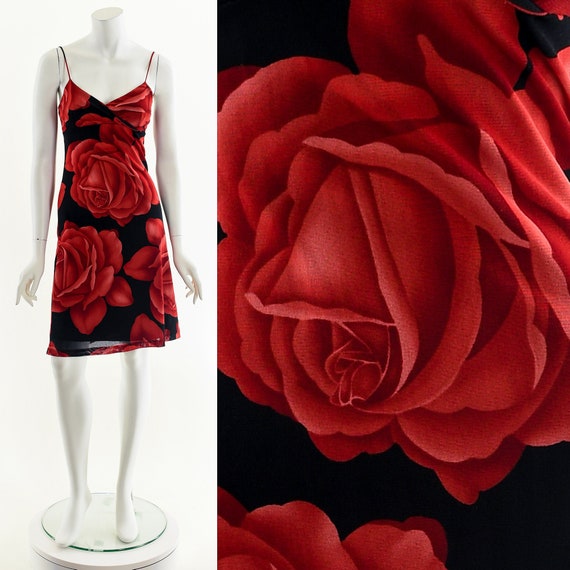 Rose Strappy Dress,Red Rose Dress,90s Strappy Dress,9… - Gem