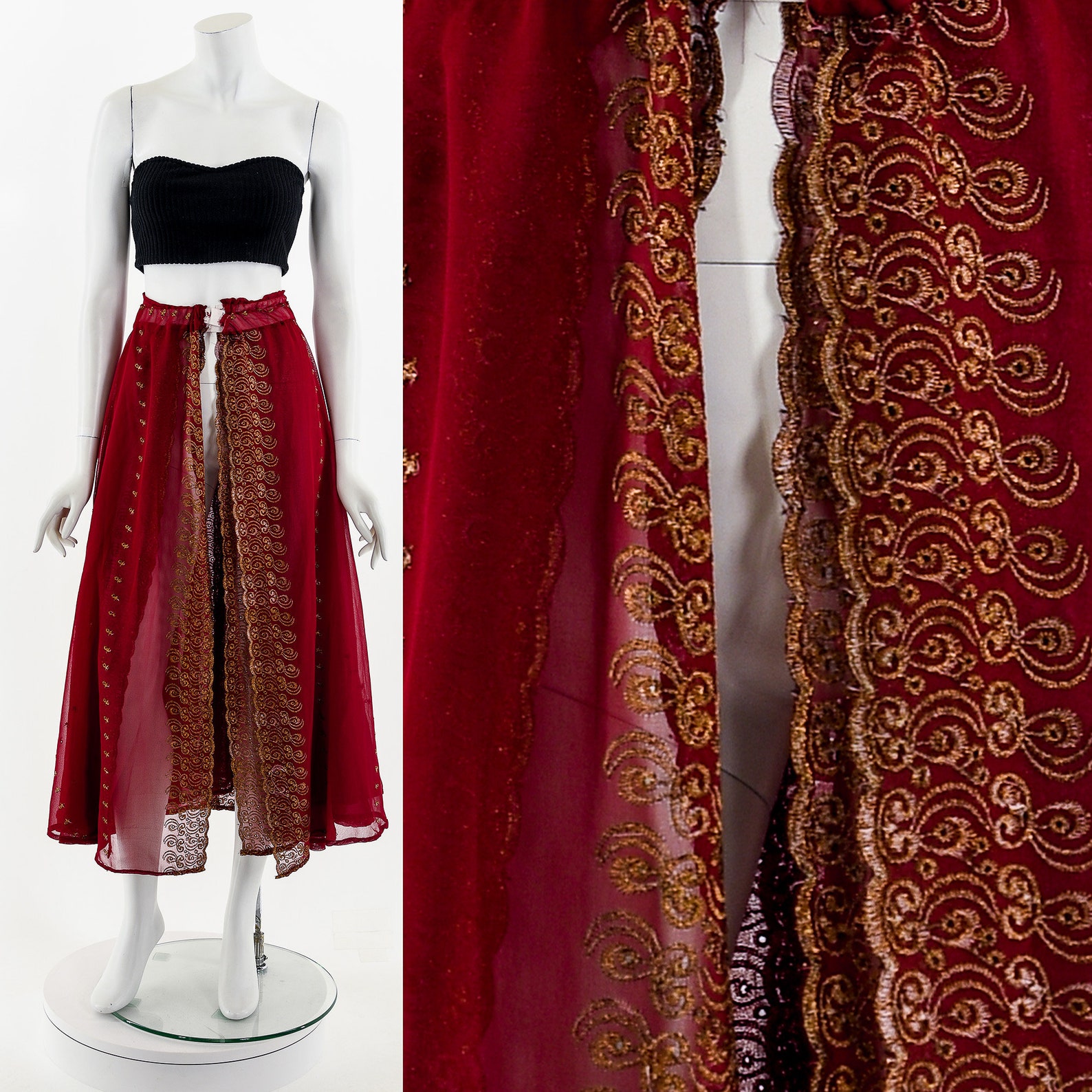 Deep Red and Gold Embroidered Elastic Skirt Overlay - Etsy