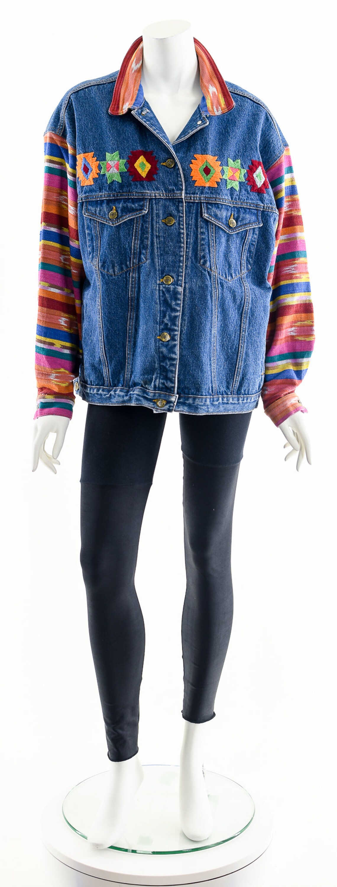 Serape Aztec Denim Coatvintage Mexican Jean Jacketethnic | Etsy