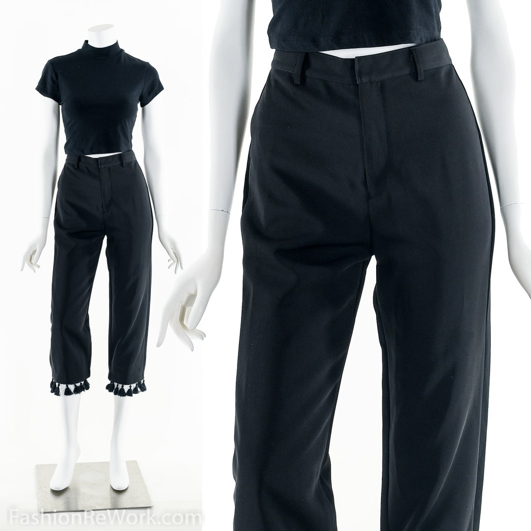 Tassel Dress Pants, Vintage Black Pants, Capri Fringe Pants, 90s Tassel ...