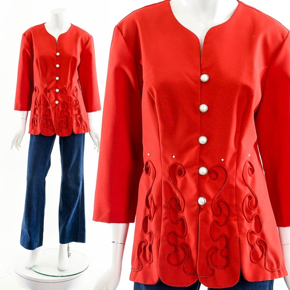 Red Soutache Blazer, Red Peplum Jacket, 90s Selena St… - Gem