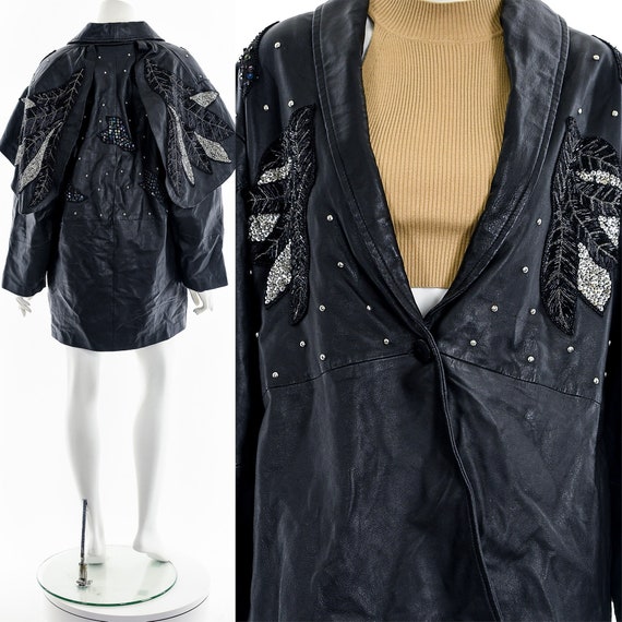 Butterfly Beaded Oversize Leather Wing Jacket - Gem