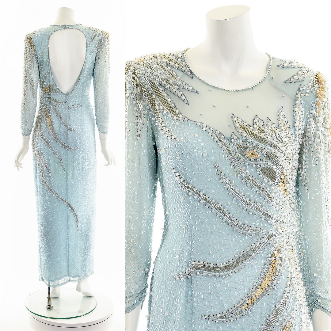 Icy Blue Full Sequin and Beaded Silk Gown - Etsy