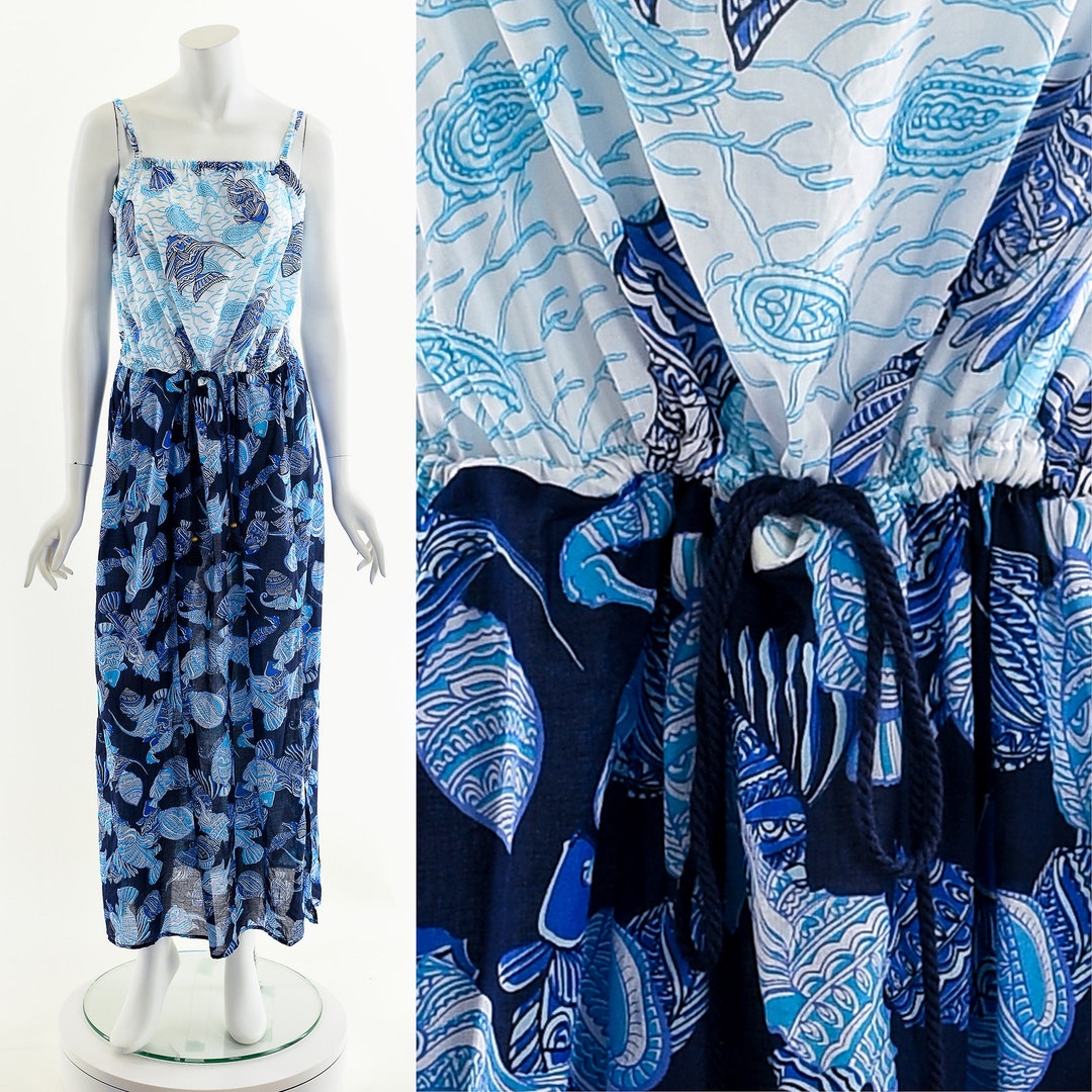 Blue Fish Batik Dress,tropical Resort Dress,beach Maxi Dress,cotton ...