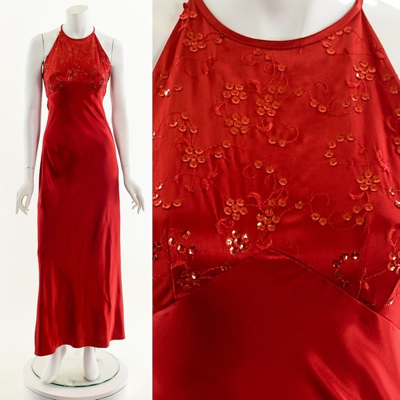 Red Halter Dress,Satin Maxi Dress,Racer Back Red Dres… - Gem