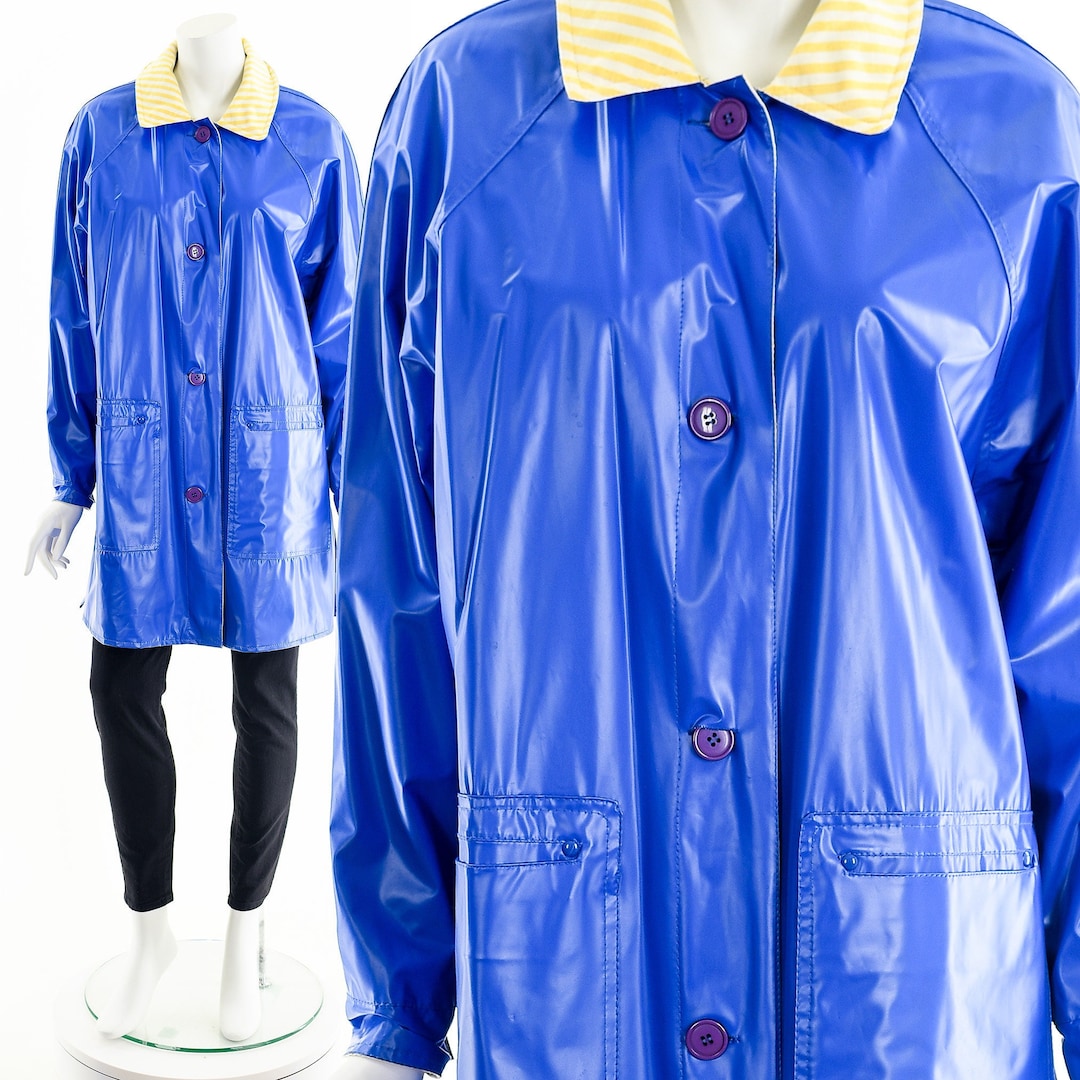 Vintage Blue Raincoat,plaid Fleece Lined Raincoat,duster Raincoat,rain ...