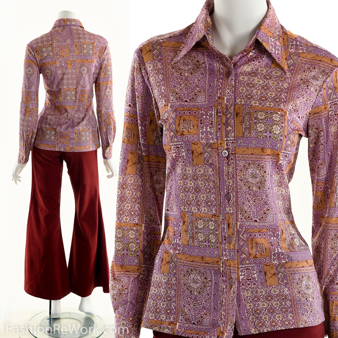 Mosaic Tile Print Blouse, Novelty Print Button Down Top, 70's Button ...