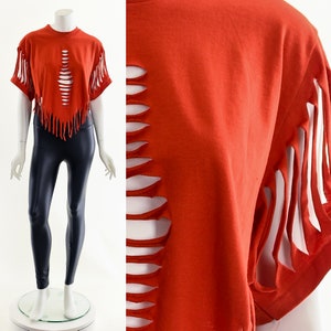 Red Slashed Crop Top,red Fringe Crop Top,80s Rock Band Shirt,slashed ...