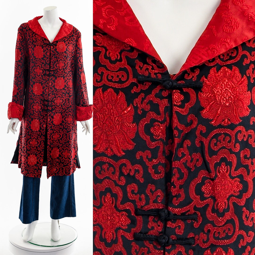 Ornate Black and Red Silk Brocade Asian Duster Coat - Etsy