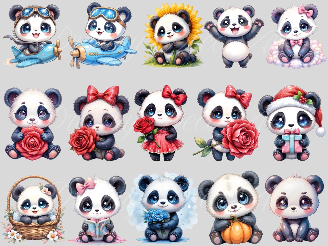 Watercolour Cute Panda Clipart Bundle–40 PNG Kawaii Chibi Panda ...