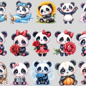 Watercolour Cute Panda Clipart Bundle–40 PNG Kawaii Chibi Panda ...