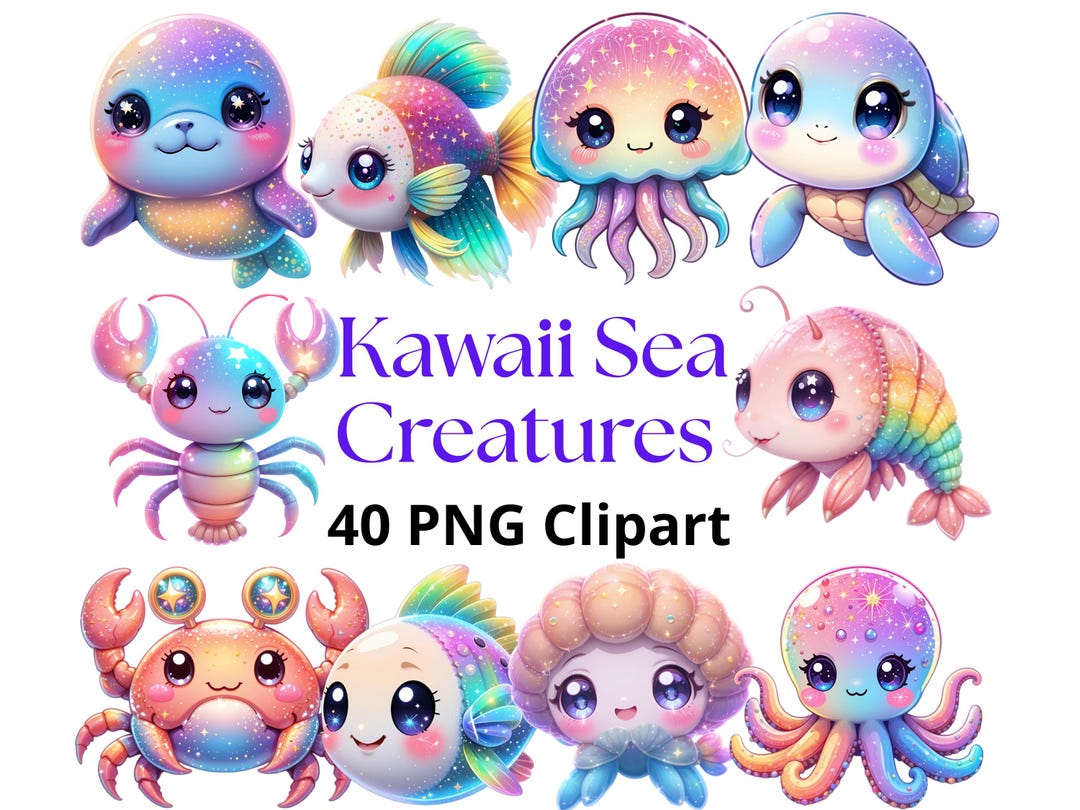 Kawaii Sea Creatures Clipart: Pastel Ocean Animal PNG Bundle (digital ...