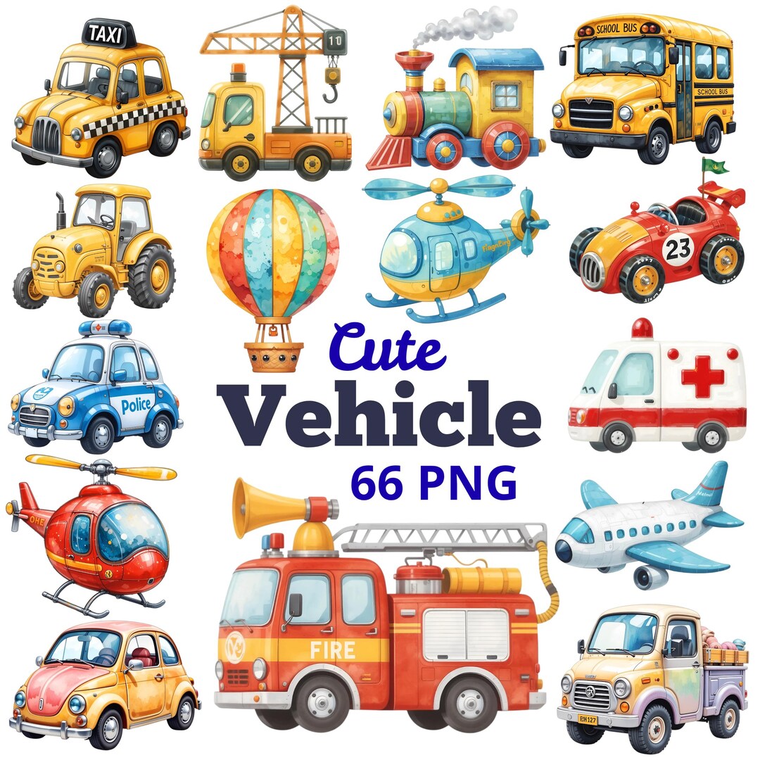 Cute Vehicle Clipart Set/ Cute Transport Png/ Kawaii Car, Truck, Plane ...