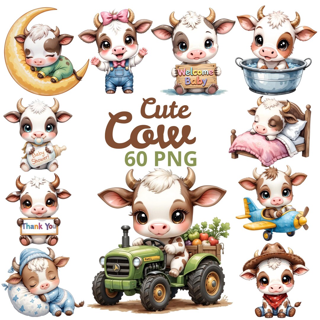 Cute Baby Cow Clipart Set | Kawaii Farm Animal PNG | Chibi Calf Nursery ...