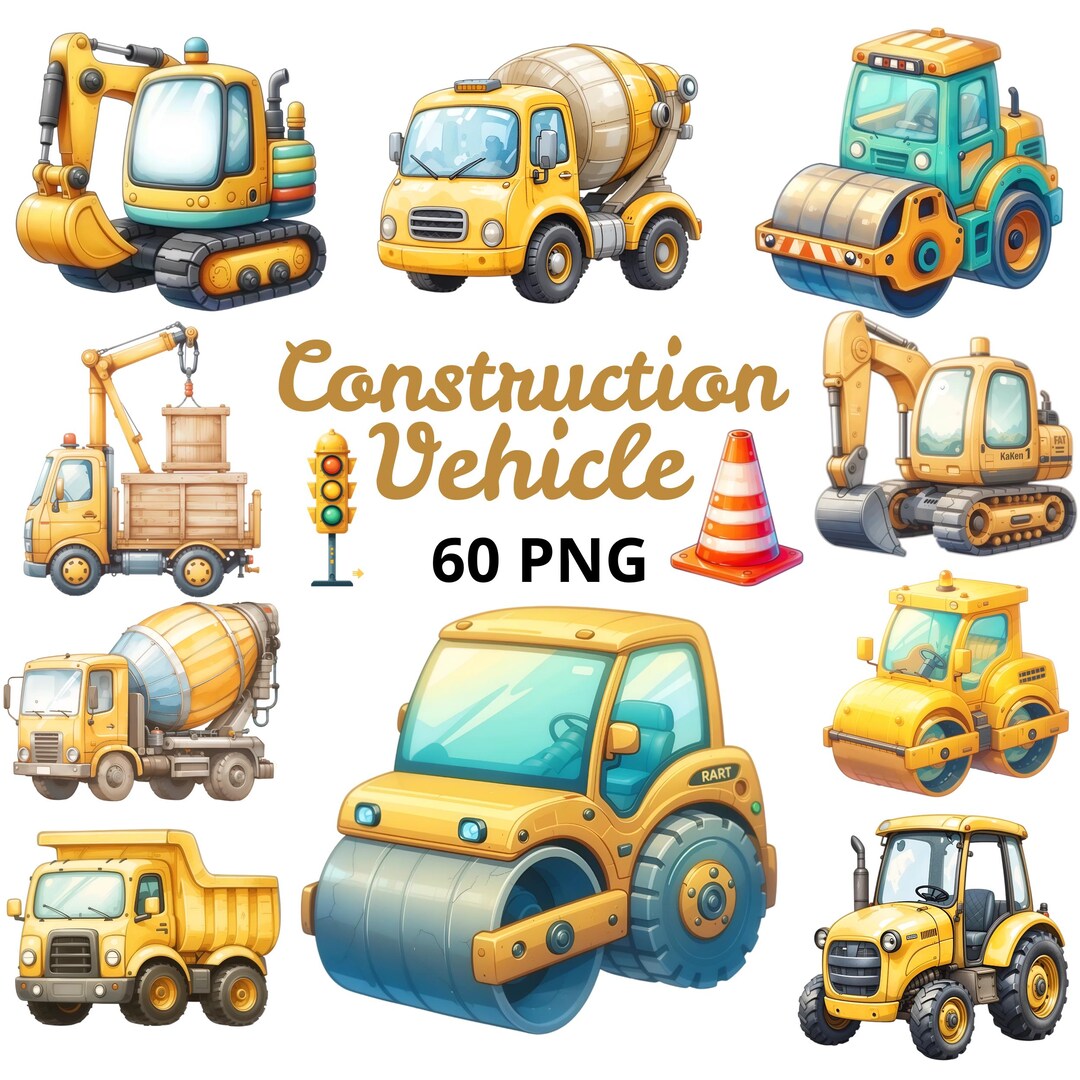 Construction Vehicles Clipart PNG/ Cute Kawaii Trucks Equipment ...