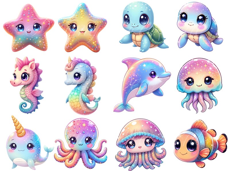 Kawaii Sea Creatures Clipart/ Cute Ocean Animal PNG Bundle/ Pastel ...