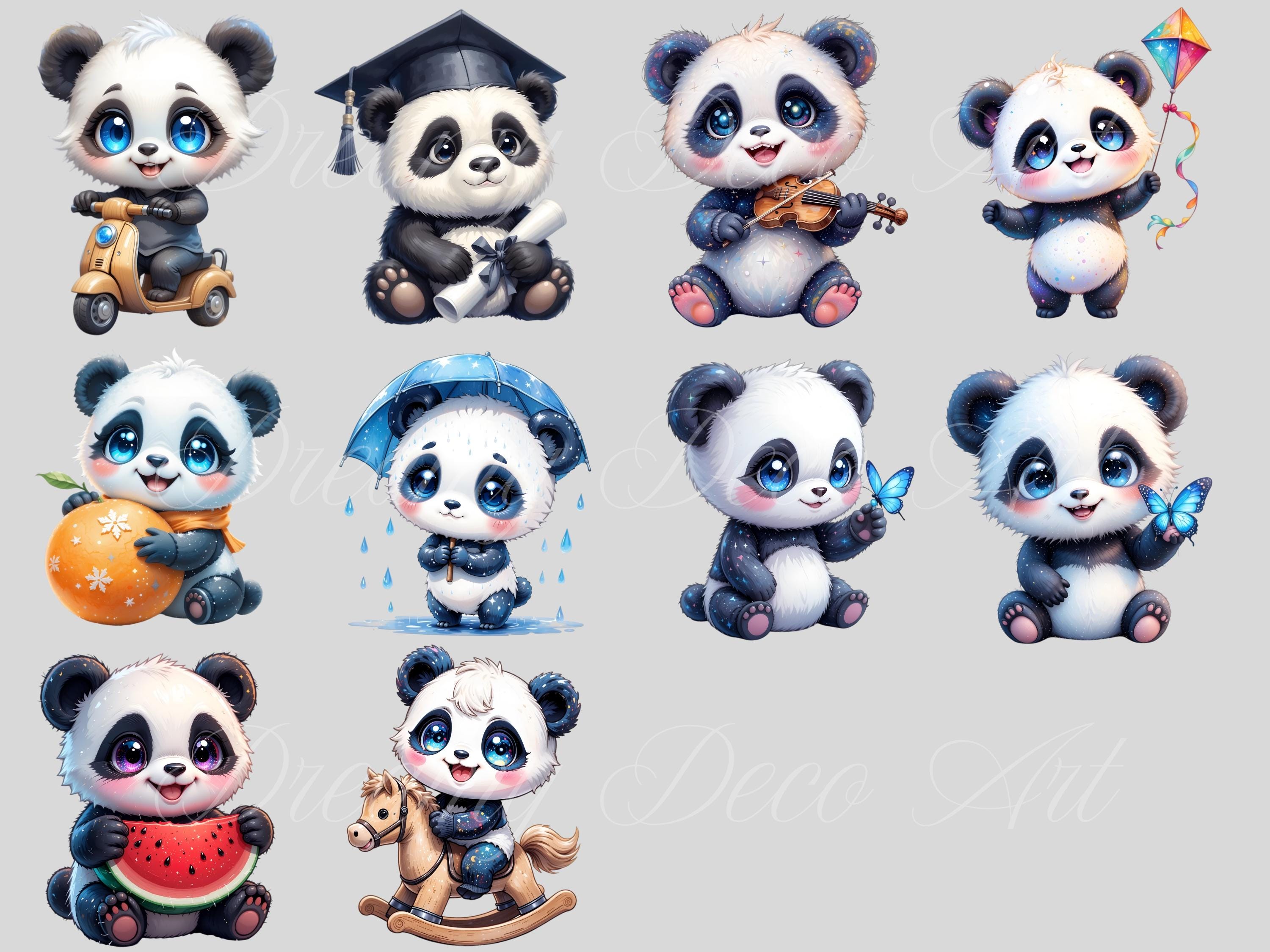 Watercolour Cute Panda Clipart Bundle–40 PNG Kawaii Chibi Panda ...