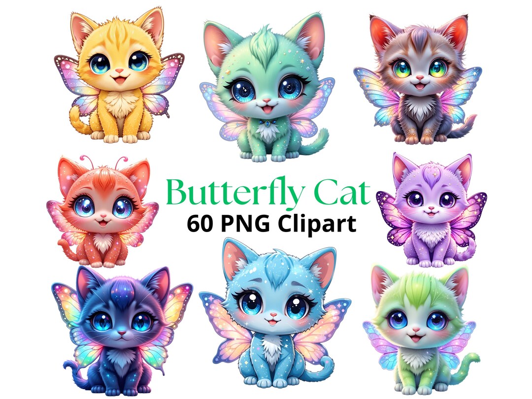Butterfly Cat Clipart – 60 Cute Pngs/ Kawaii Fantasy Cats With Wings ...