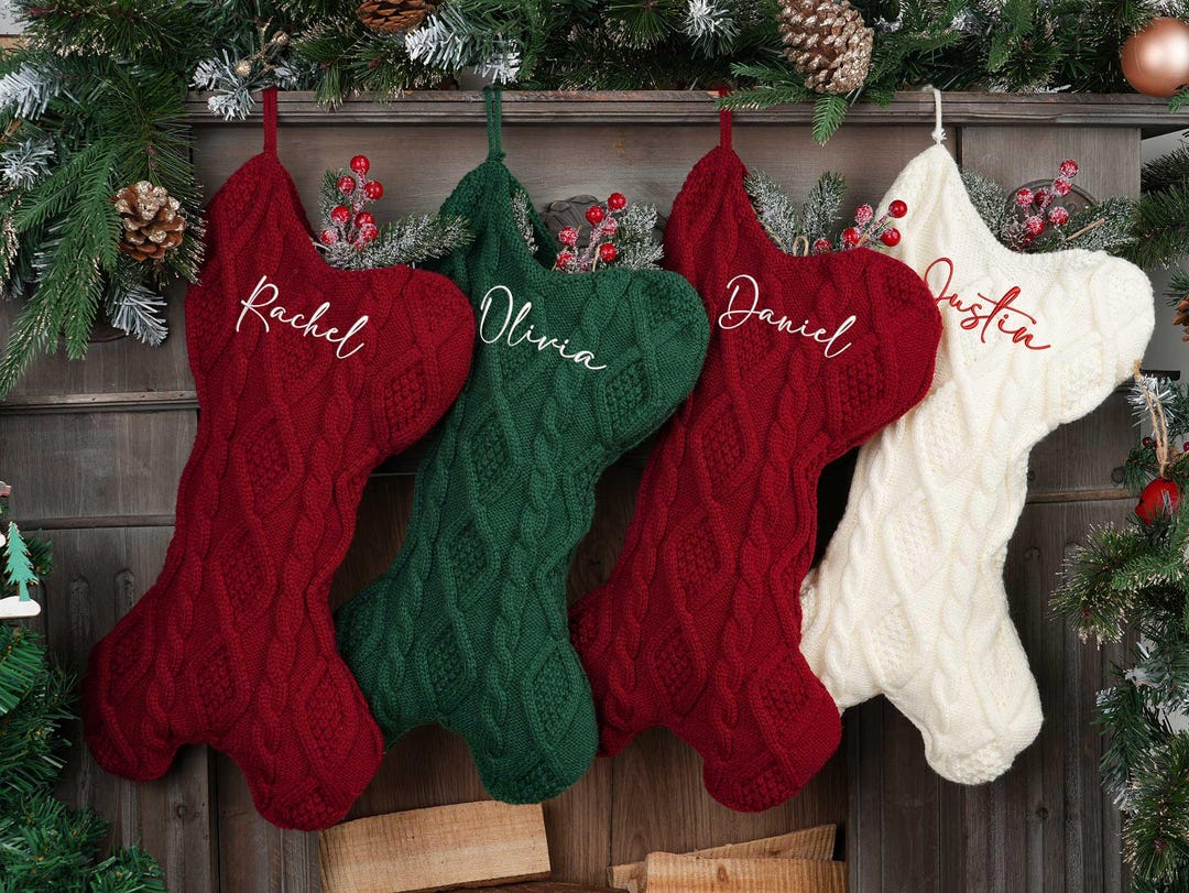 Personalized Knitted Dog Bone Christmas Stocking: Embroidered Pet Name ...