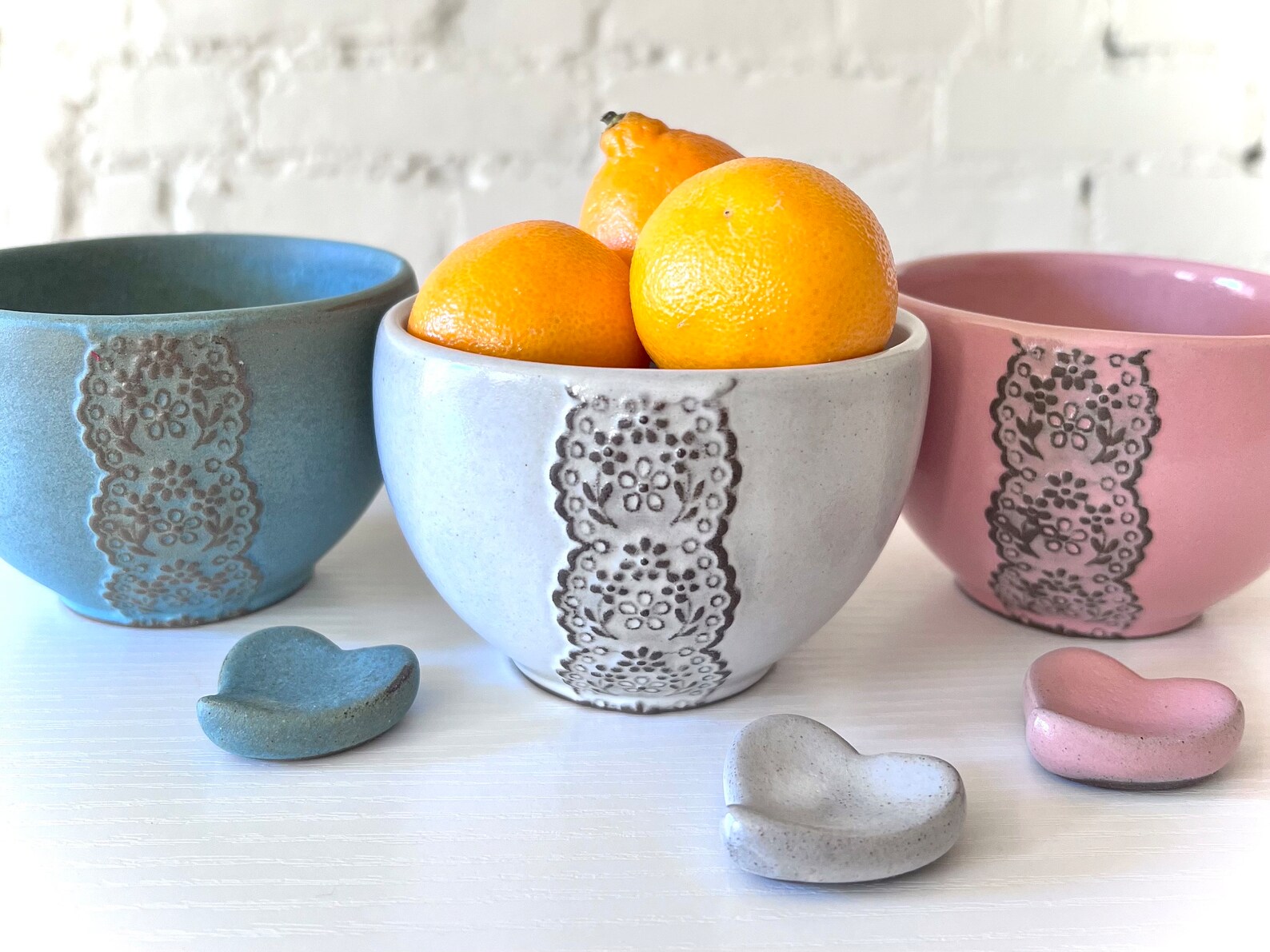 Handmade Ceramic White Lace Bowl With Heart Lace Cutlery Rest and Heart ...