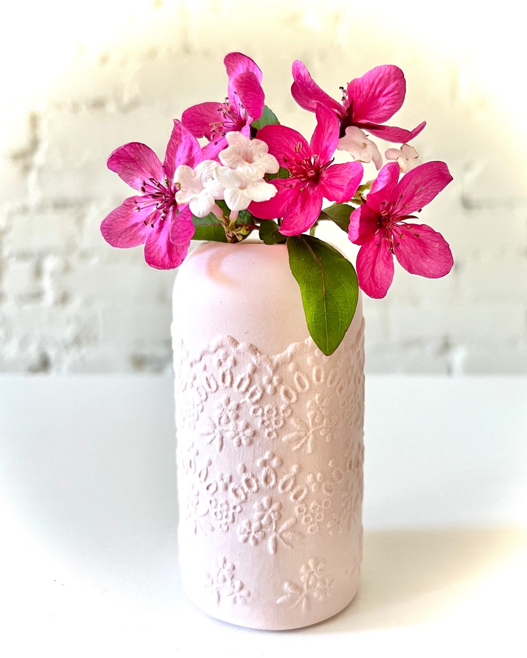 Handmade Pink Porcelain Lace Flower Vase, Ceramic Lace Vase, Pottery ...