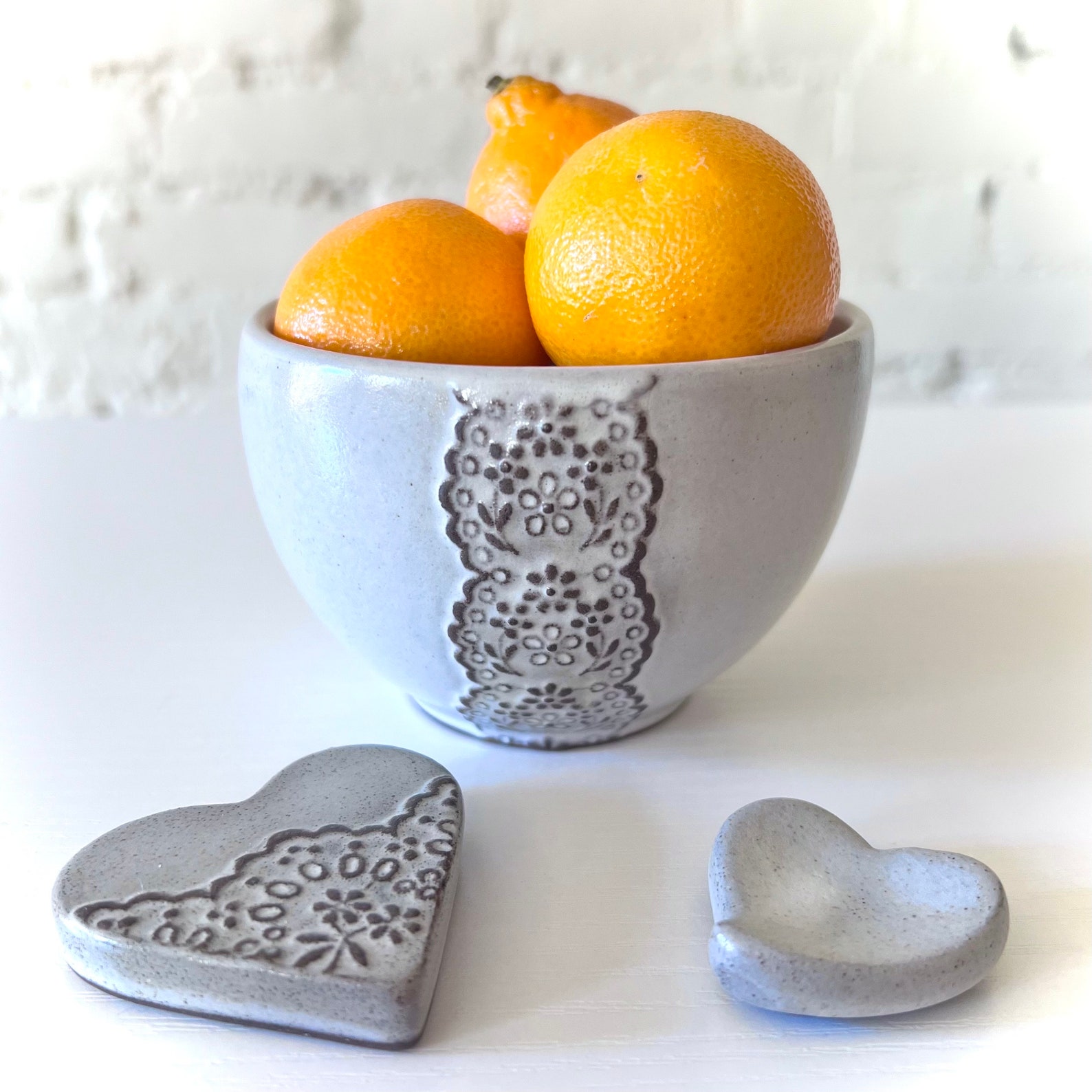 Handmade Ceramic White Lace Bowl With Heart Lace Cutlery Rest and Heart ...