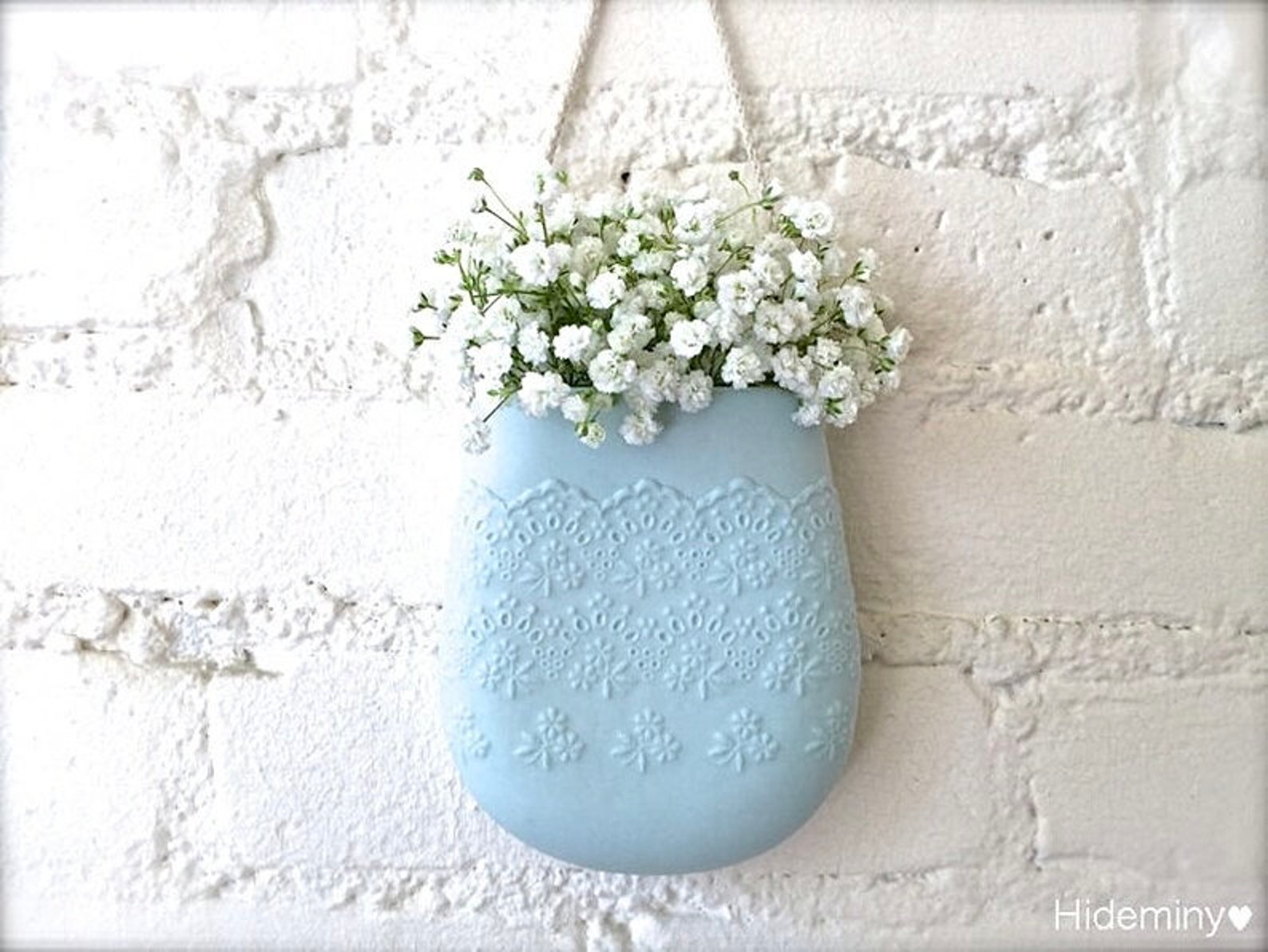 Blue Porcelain Flower Lace Hanging Wall Pocket, Ceramic Lace Wall ...