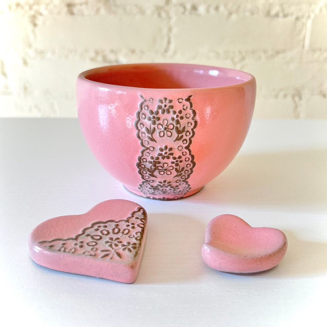 Handmade Ceramic Pink Lace Bowl With Heart Lace Cutlery Rest and Heart ...
