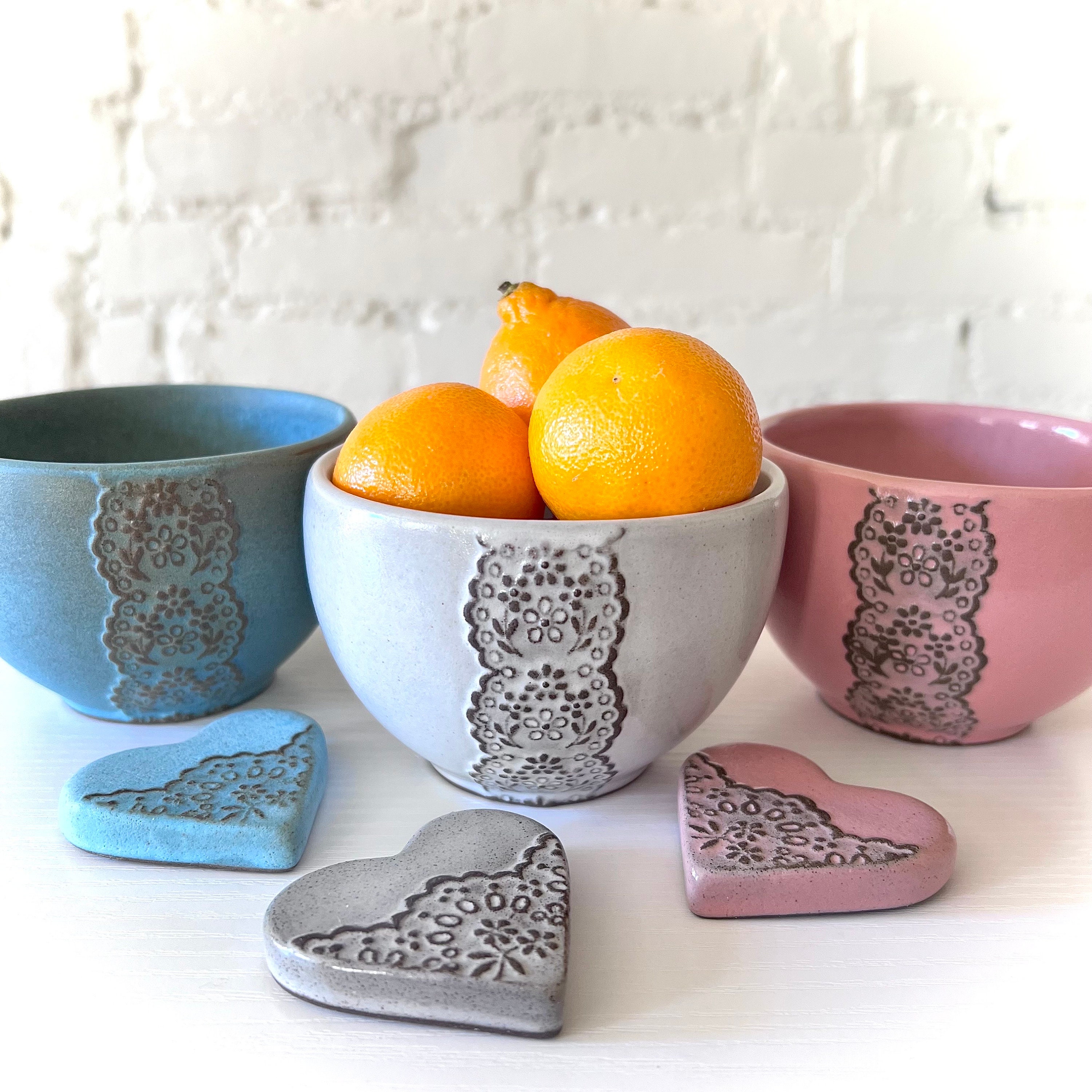 Handmade Ceramic White Lace Bowl With Heart Lace Cutlery Rest and Heart ...