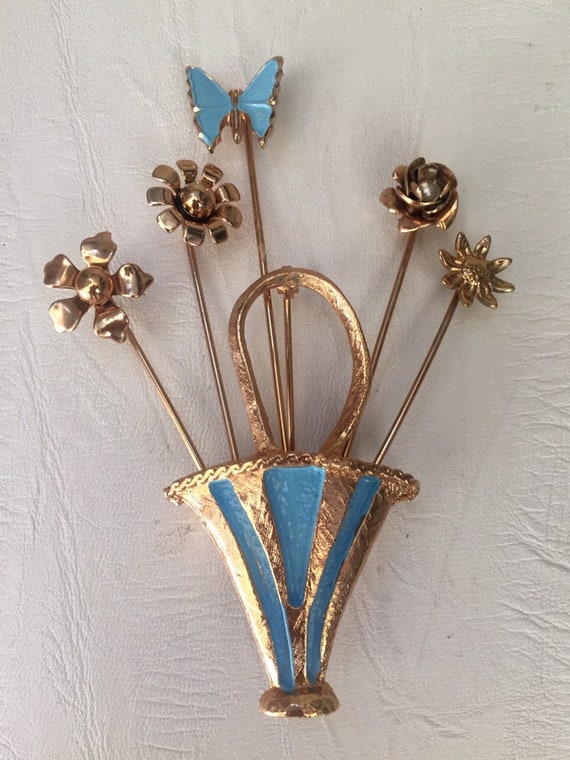Vintage basket brooch with stick Flower Pins, Unique … - Gem