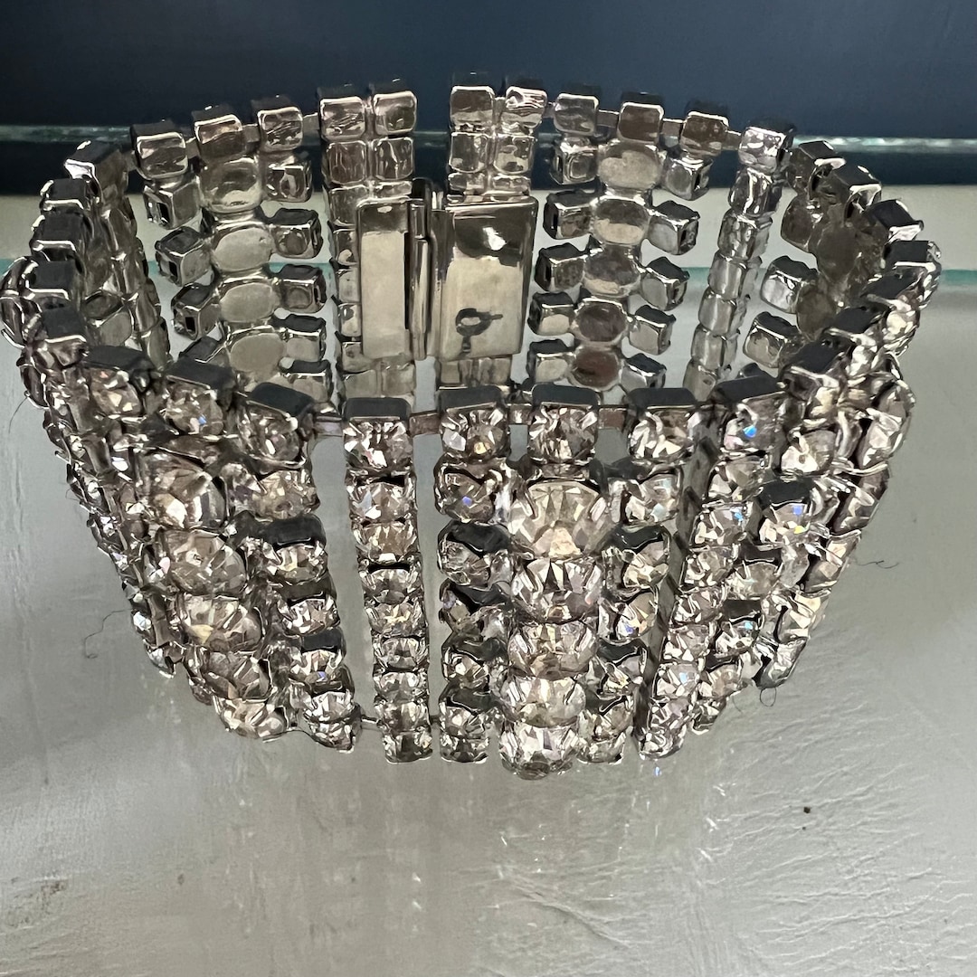 Vintage Rhinestone Extra Wide Cuff Bracelet, Hollywood Regency Jewelry ...