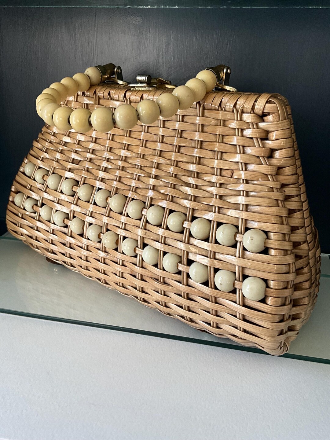 Vintage 1960s Coated Wicker Beaded Handle Purse Simon Made in Hong Kong ...