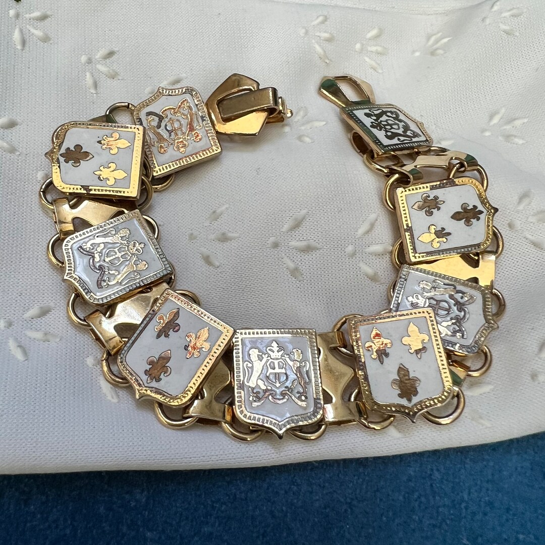 Vintage Heraldic White Enamel Panel Bracelet, French Theme Crest ...