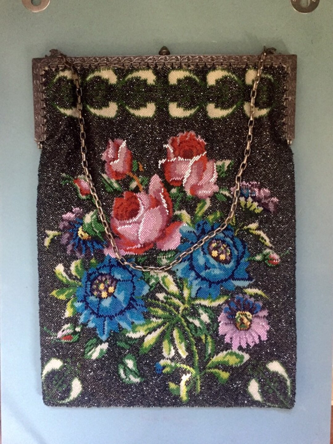 Antique Micro Beaded Floral Purse With Chain, Extra Large Victorian ...