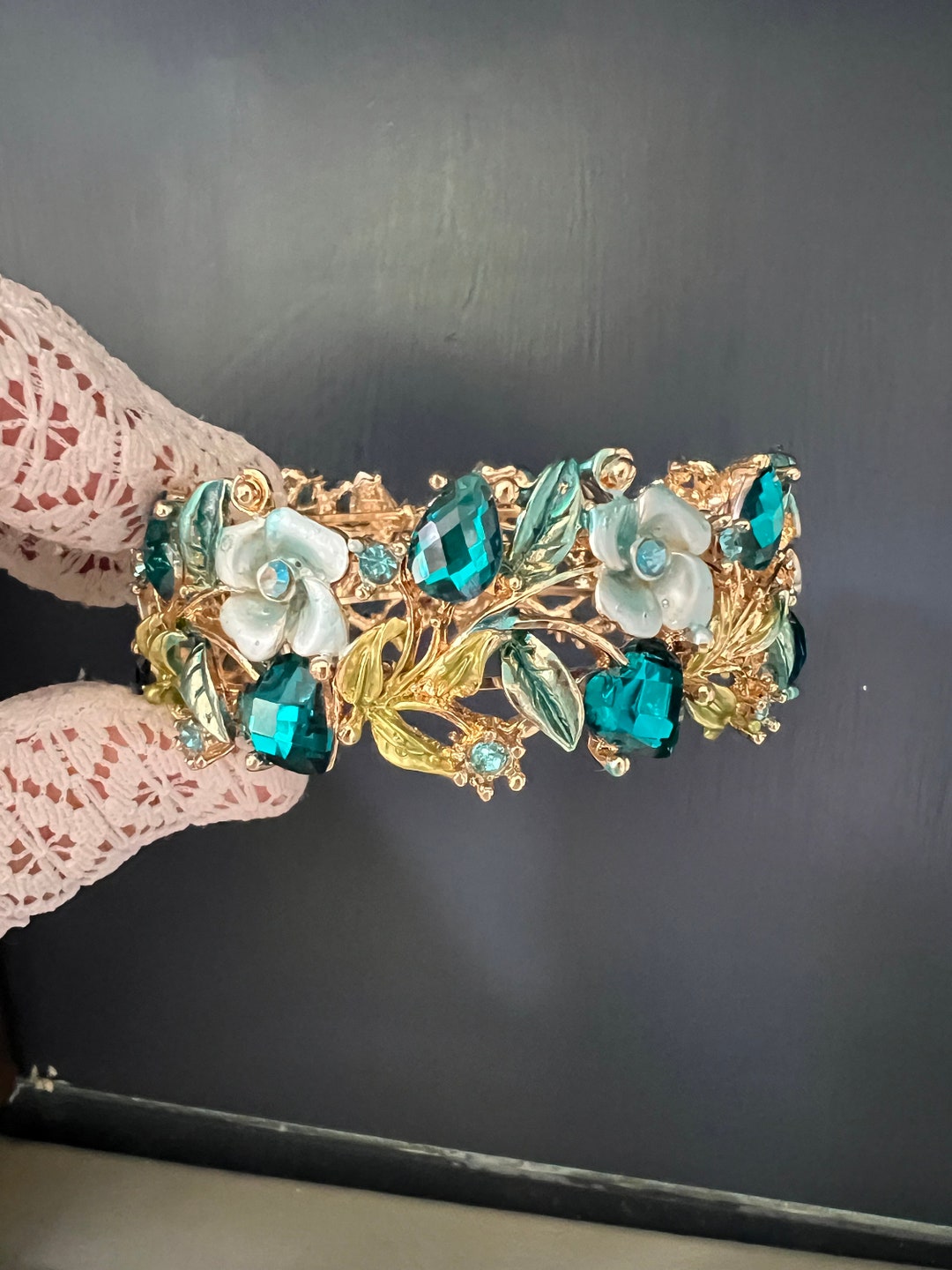 Vintage Signed Joan Rivers Hearts and Flowers Turquoise Rhinestone Cuff ...