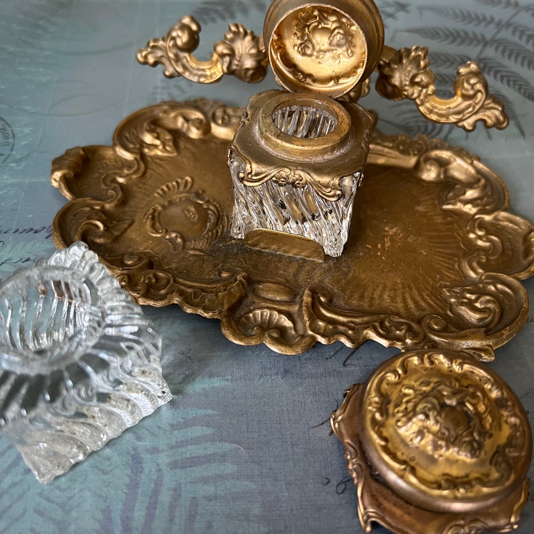 Antique Ink Well Set With Ornate Stand, Antique Writing Set, Turn of ...