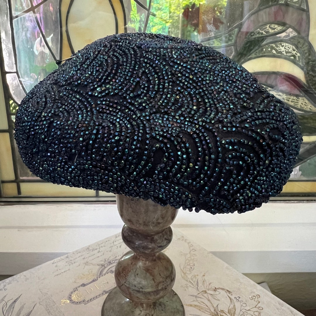 Vintage Styled by Coralee Blue Bead Embrodiered Beret Hat, 1950s ...