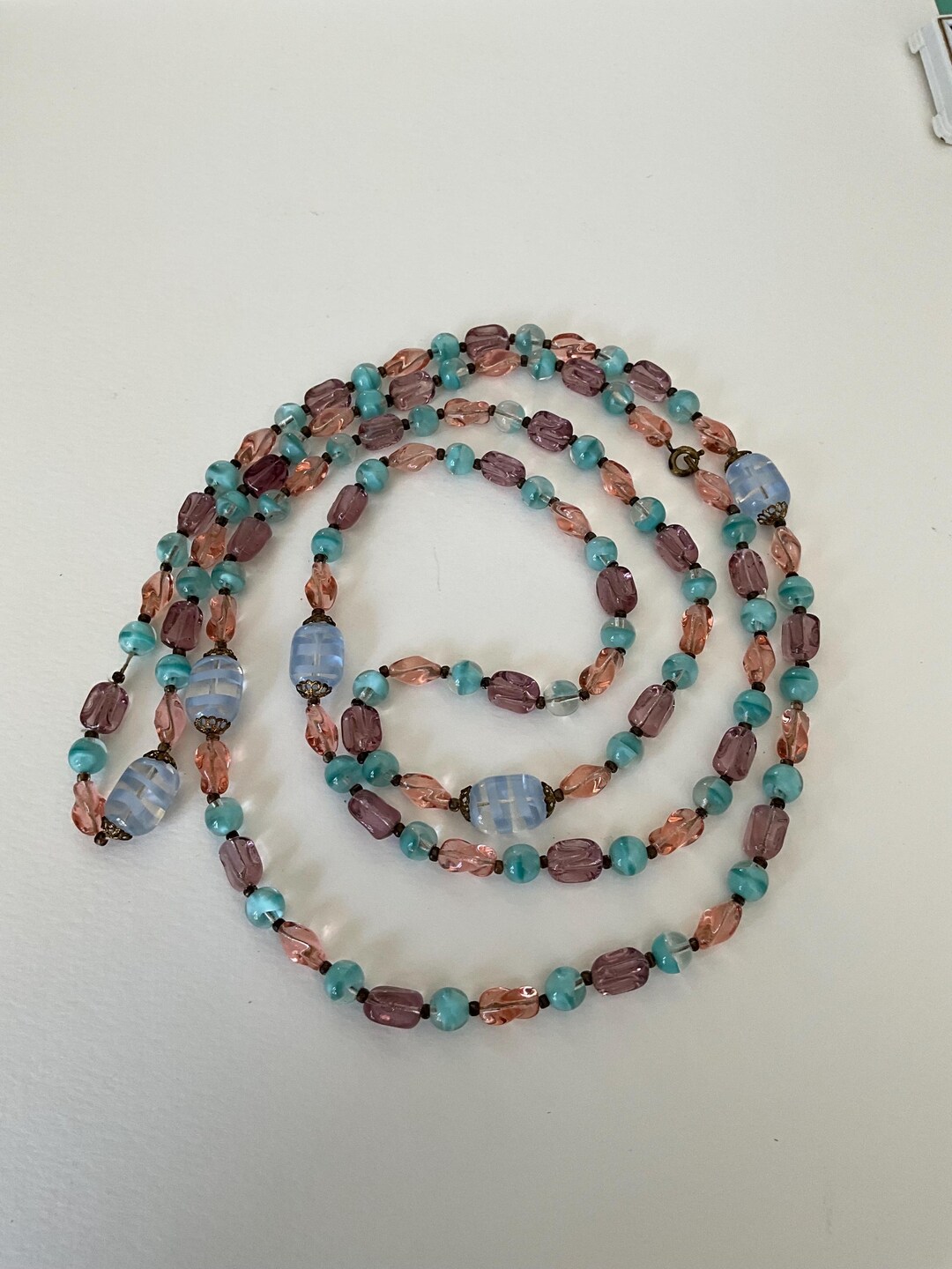 Vintage 1930s Glass Bead Flapper Style Necklace, Extra Long Glass Beads ...