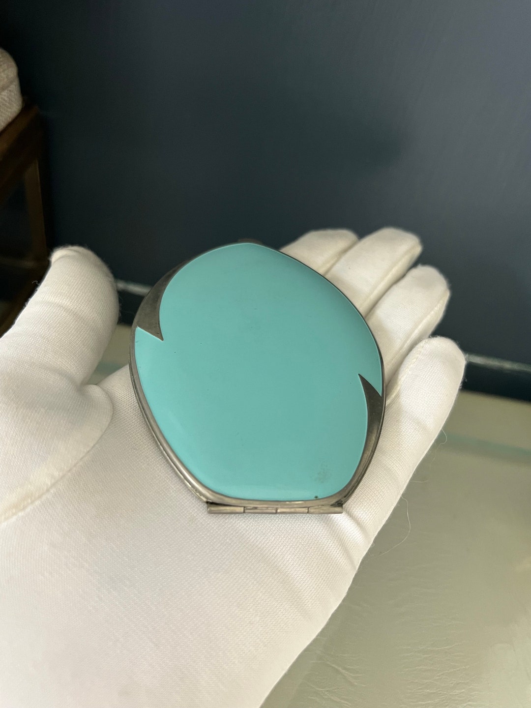 Vintage Metal Enamel Art Deco Aqua Dual Powder Compact ELGIN AMERICAN ...