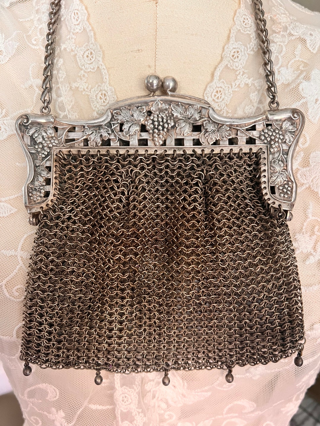 Antique Victorian German Silver Mesh Purse With Pierced Grapevine ...