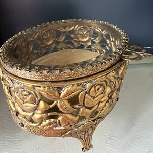 Vintage Beveled Glass Brass Rose Filigree Oval Trinket Box, Footed ...