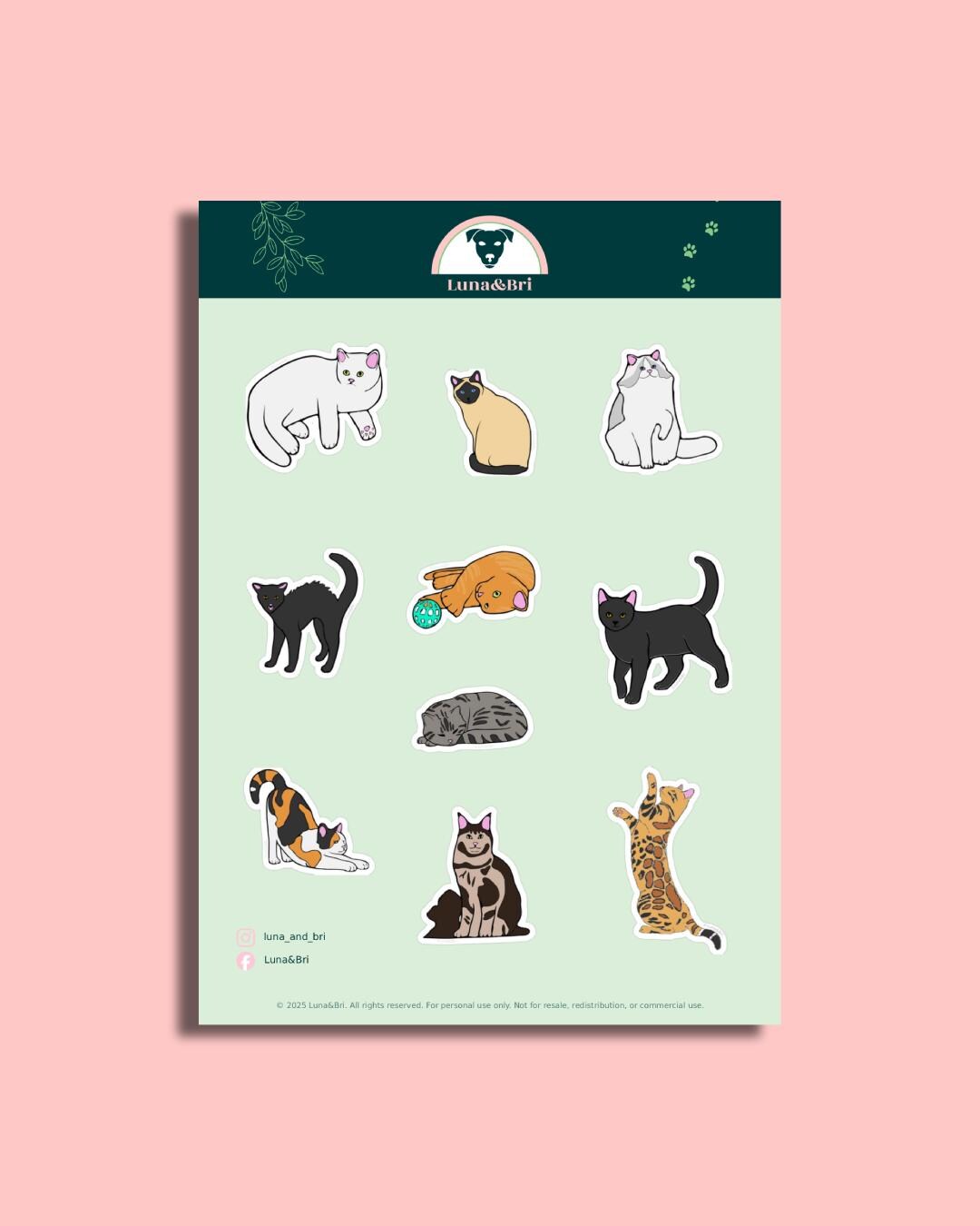 Semi-realistic Cat Sticker Sheet – Printable 10pcs Digital Set DIY Pet ...