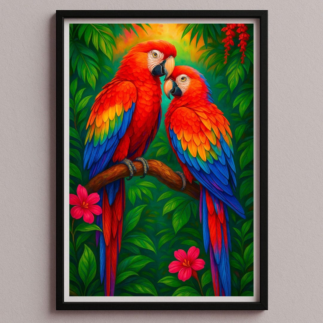 Parrot Wall Art Poster Picture – Two Colorful Macaws in Tropical Jungle ...