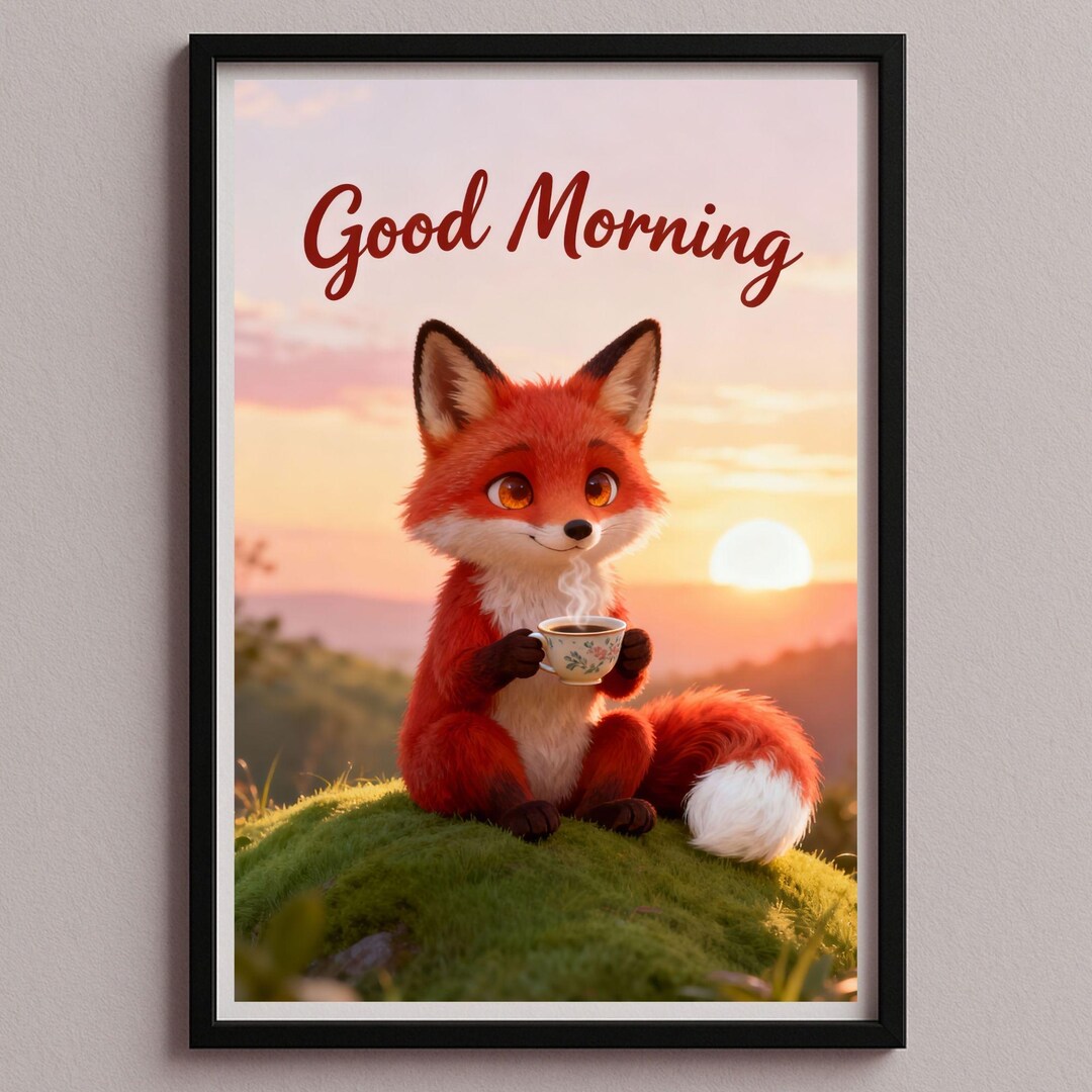 Good Morning Fox Wall Art Poster Picture – Cute Coffee Fox Illustration ...